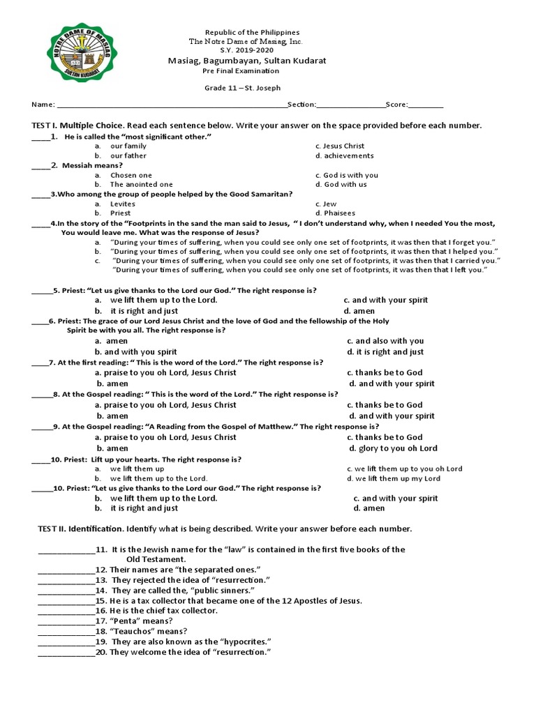 Grade 11 Sacred Scripture Examination 7 Third Midterm 2019-2020 | PDF ...