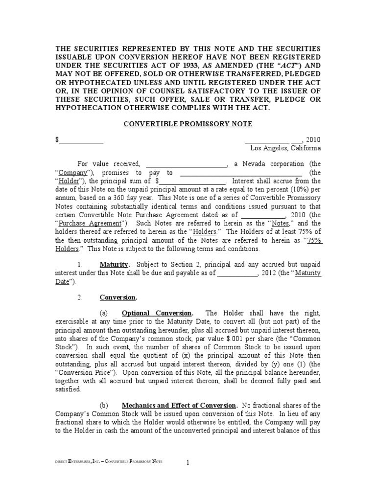 Form of Convertible Promissory Note Boilerplate | PDF | Promissory Note ...