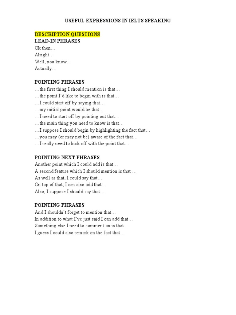 Useful Expressions in Ielts Speaking Description Questions Lead-In ...