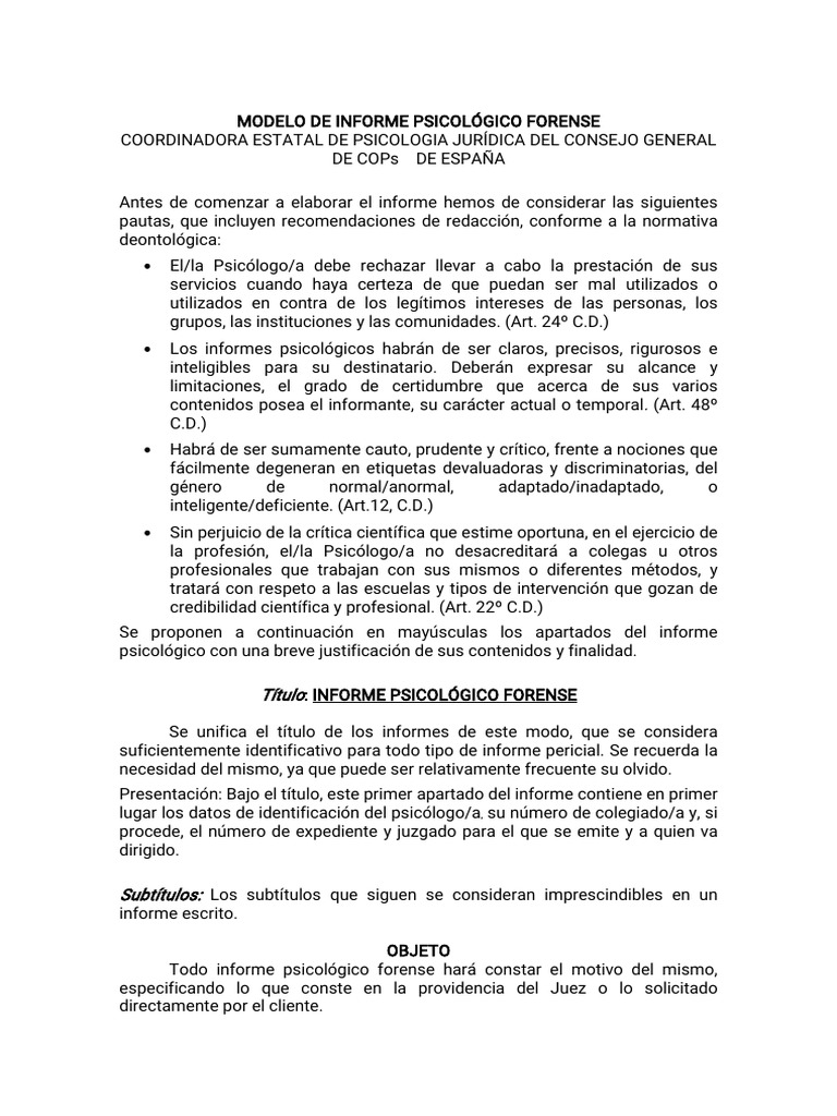 Modelo Informe Psicologico Forense COP | PDF