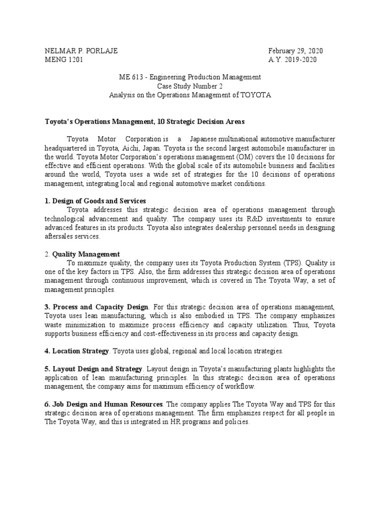 Case Study No.2 Analysis On Toyota's Operations Management | PDF ...