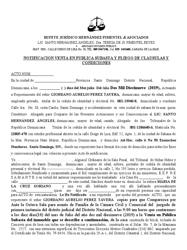 Notificacion de Venta en Publica Subasta 1 | PDF | República Dominicana ...