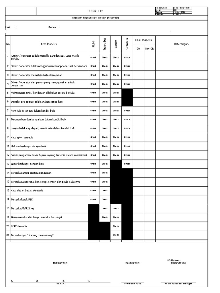 FRM-EHS-053b Checklist Inspeksi Keselamatan Berkendara V1.0 | PDF