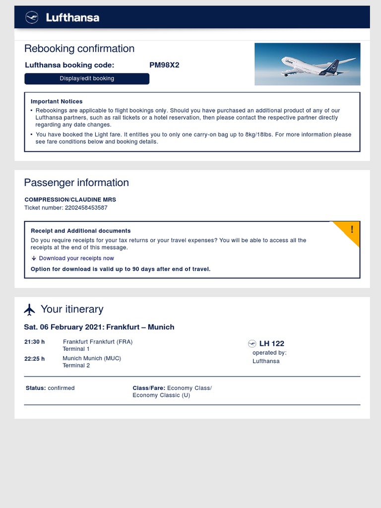 Rebooking Confirmation: Lufthansa Booking Code: PM98X2 | PDF | Baggage | Business