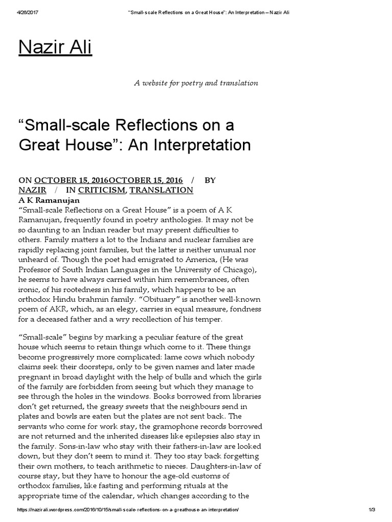 "Small-Scale Reflections On A Great House" - An Interpretation - Nazir ...