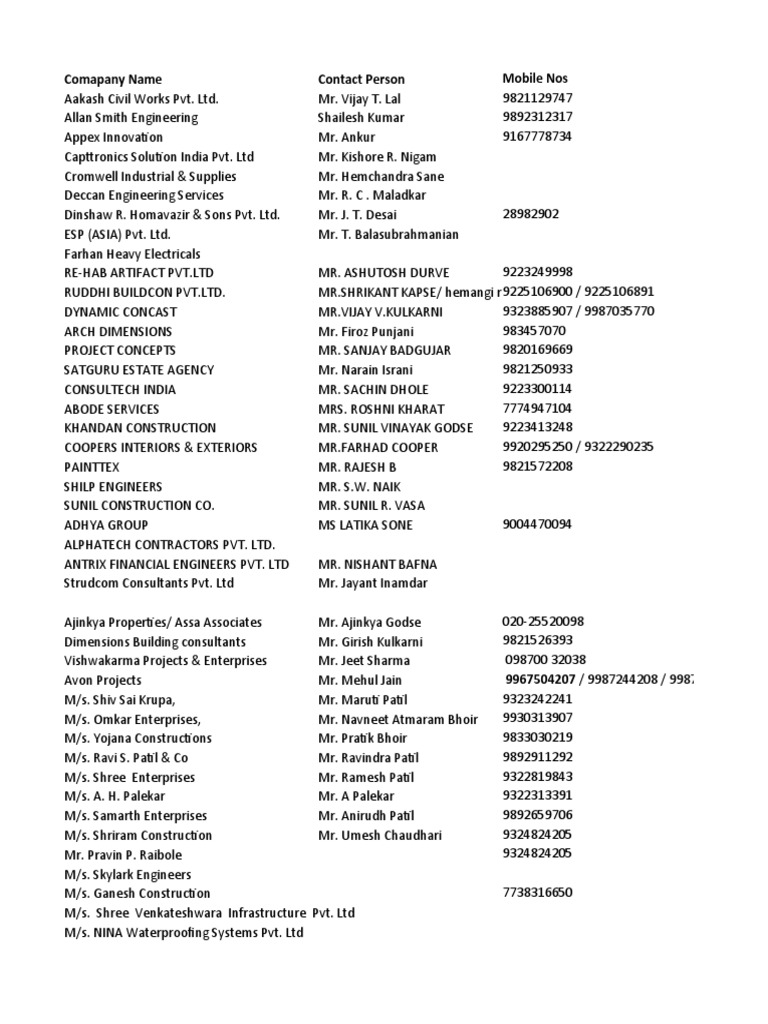 Construction Companies Contact List | PDF | Economic Sectors | Engineering