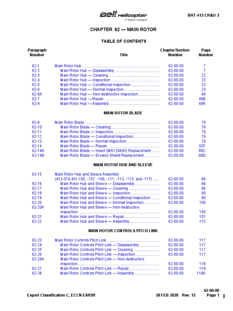 Chapter 62 - Main Rotor: BHT-412-CR&O-3 | PDF | Helicopter Rotor | Screw