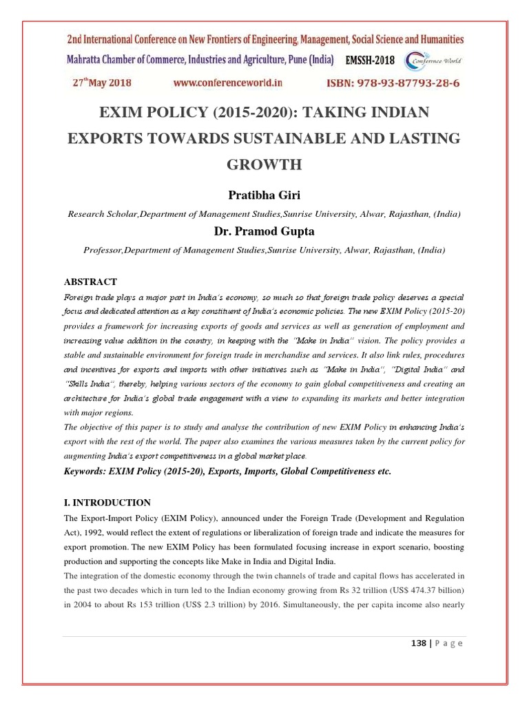 Exim Policy (2015-2020) : Taking Indian Exports Towards Sustainable and ...