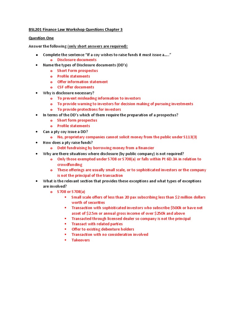 BSL201 Workshop Questions Chapter 3 - Done | PDF | Prospectus (Finance ...