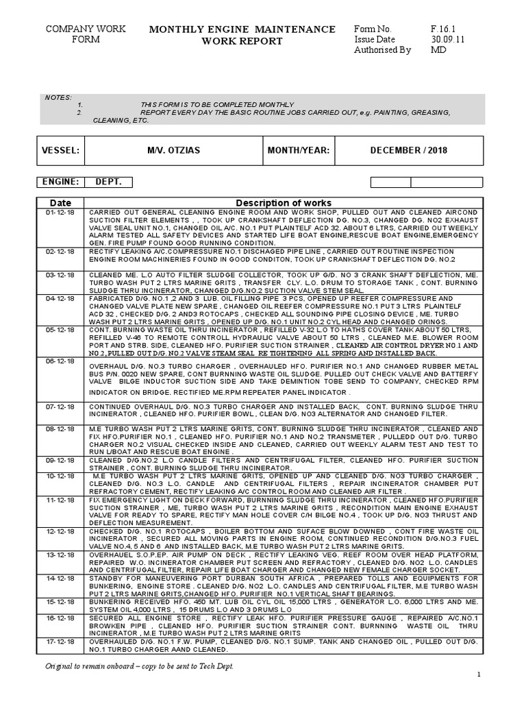 December 2018 Engine Maintenance Report | PDF | Fuel Oil | Incineration