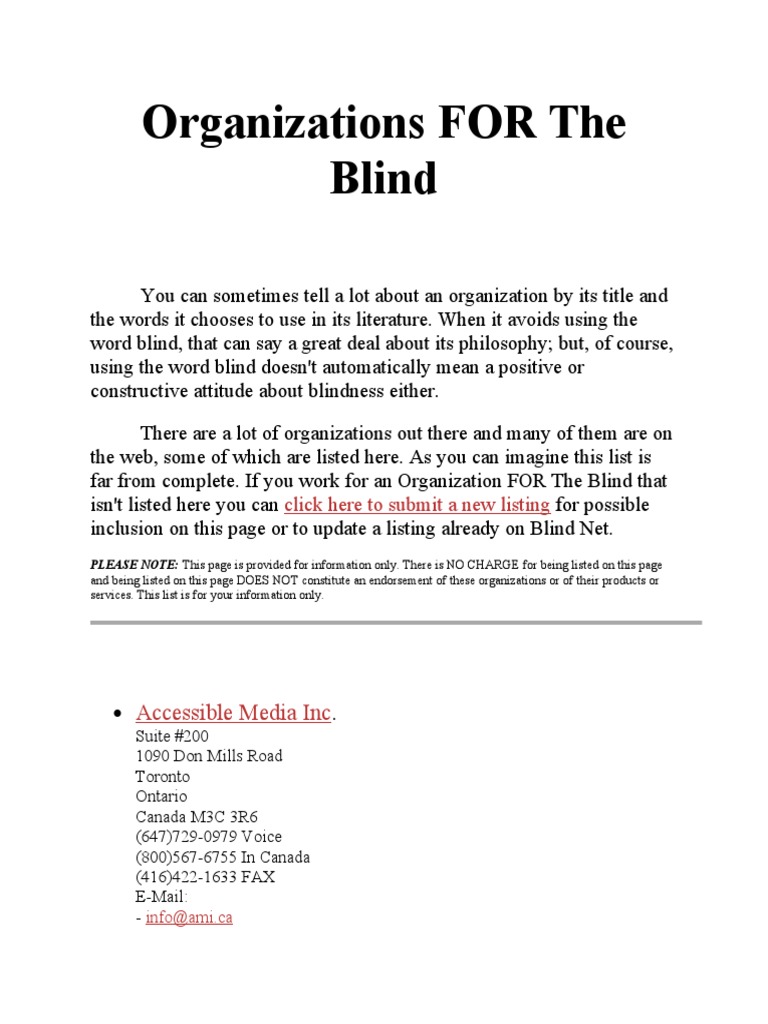Organizations FOR The Blind | PDF | Visual Impairment | Schools