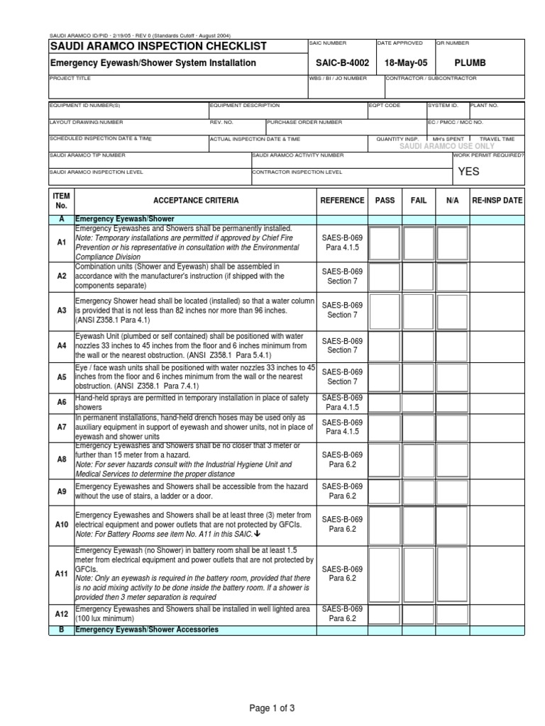 Saudi Aramco Inspection Checklist: Emergency Eyewash/Shower System Installation SAIC-B-4002 18 ...