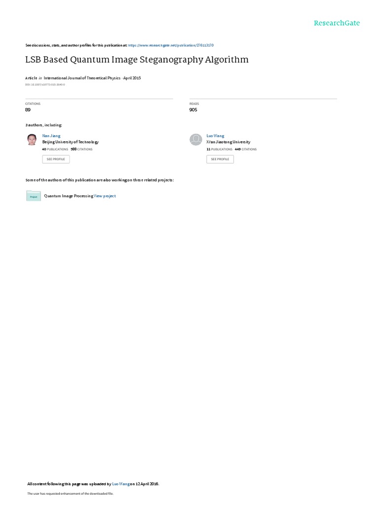 LSB Based Quantum Image Steganography Algorithm | PDF | Applied Mathematics | Computer Engineering