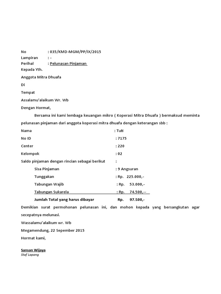 Surat Pelunasan Anggota Bu DFGF | PDF