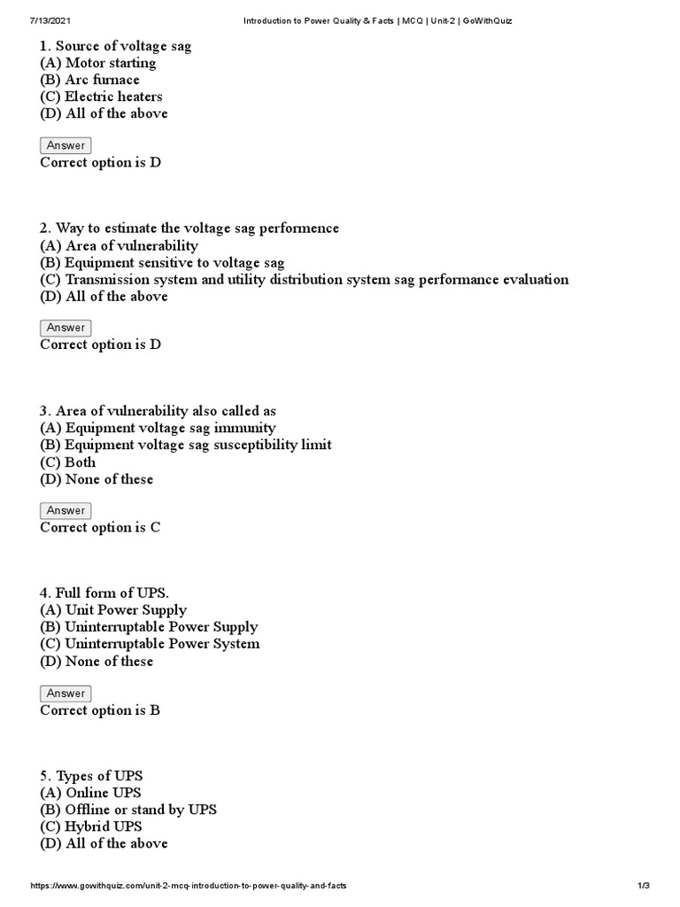 Introduction To Power Quality & Facts - MCQ - Unit-2 - GoWithQuiz | PDF | Power Supply ...