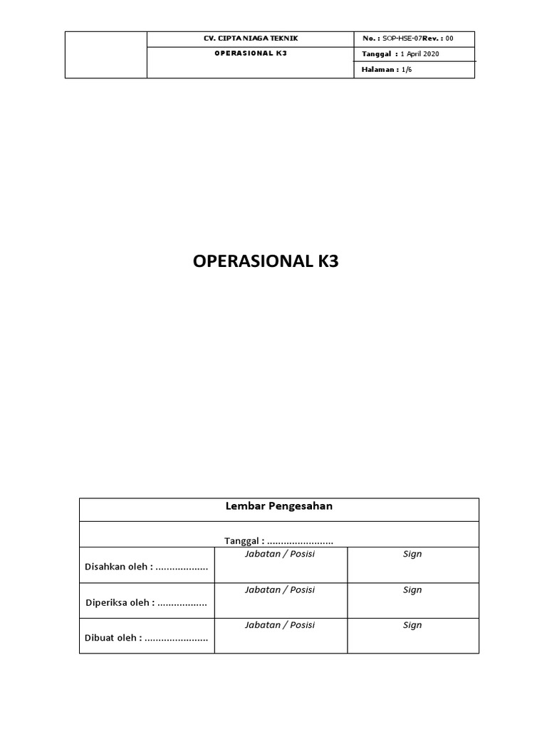 SOP Operasional K3 | PDF | Teknologi & Rekayasa