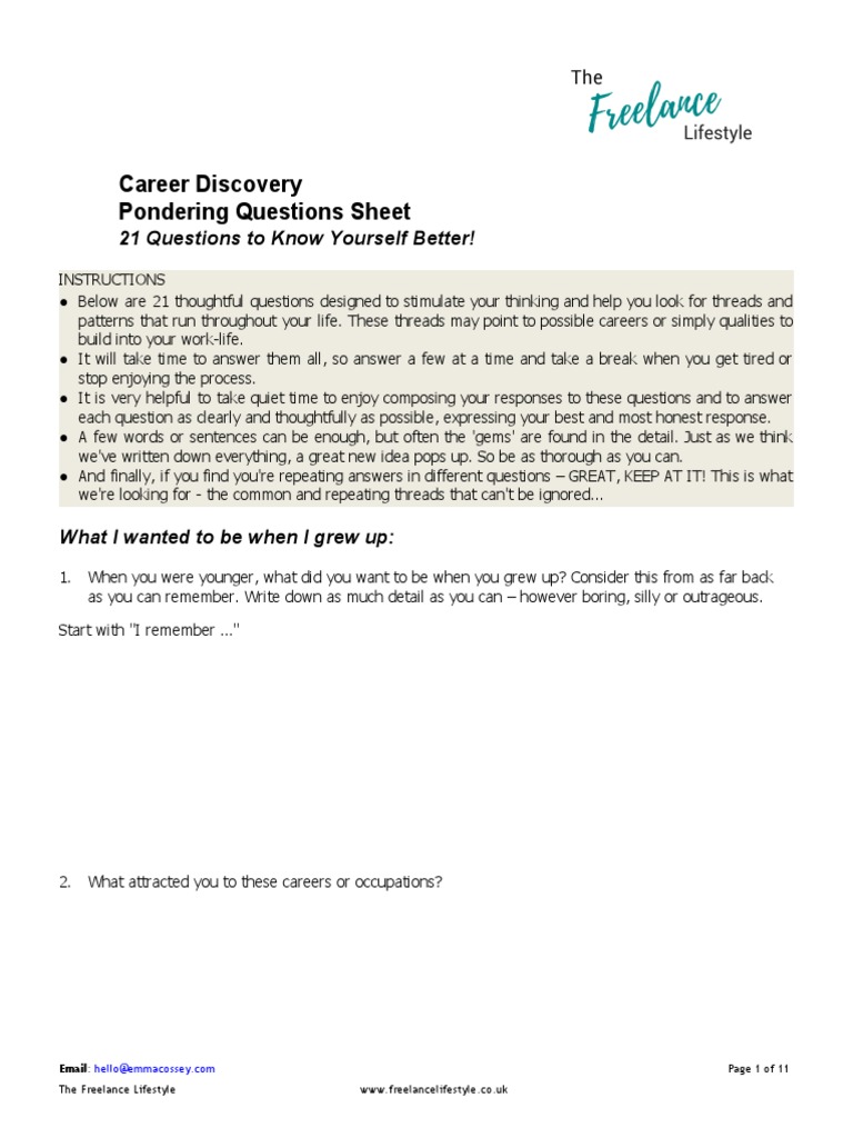 Career Discovery Pondering Questions Sheet: 21 Questions To Know ...