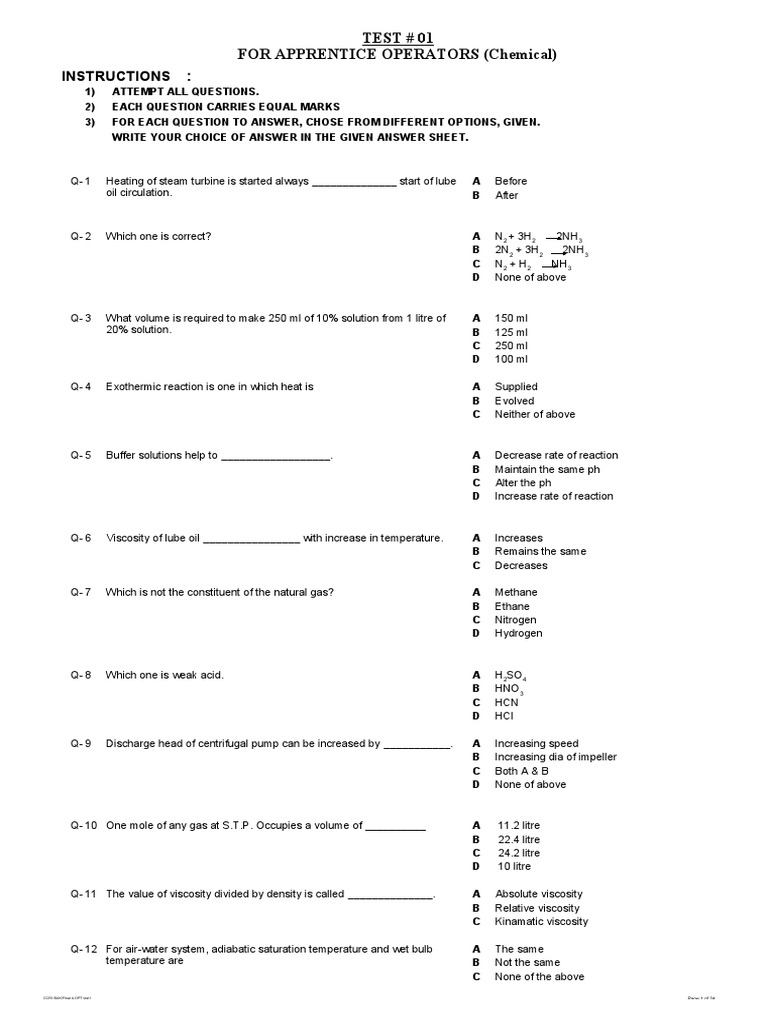 TEST # 01 For Apprentice Operators (Chemical) : Instructions | PDF ...