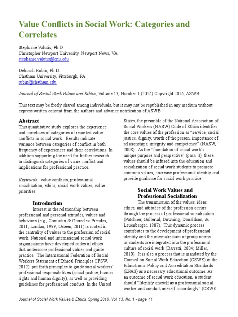 Value Conflicts in Social Work Categories and Correlates | PDF | Value ...
