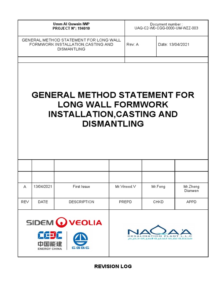 General Method Statement For Long Wall Formwork Installation, Casting ...