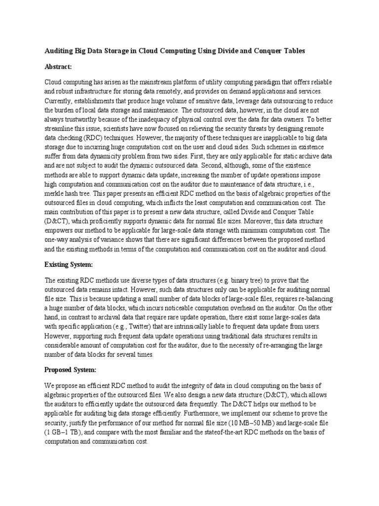 33 Auditing Big Data Storage in Cloud Computing Using Divide and Conquer Tables | PDF | Cloud ...