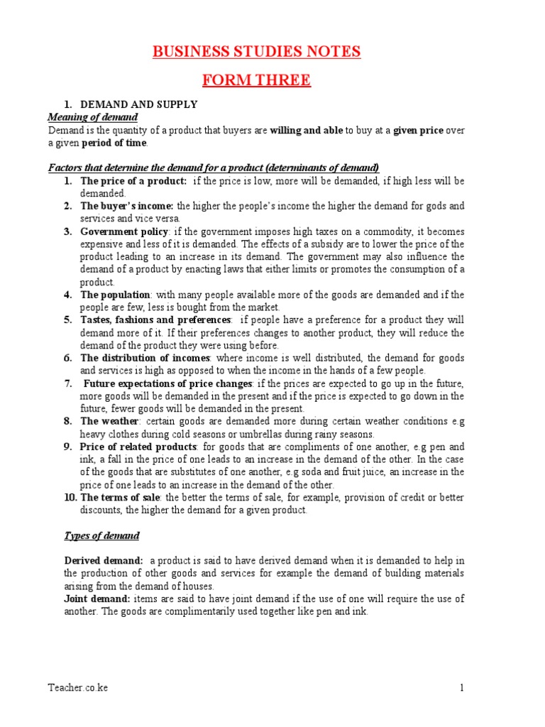 Form 3 Business Studies: Demand & Supply | PDF | Demand | Supply ...