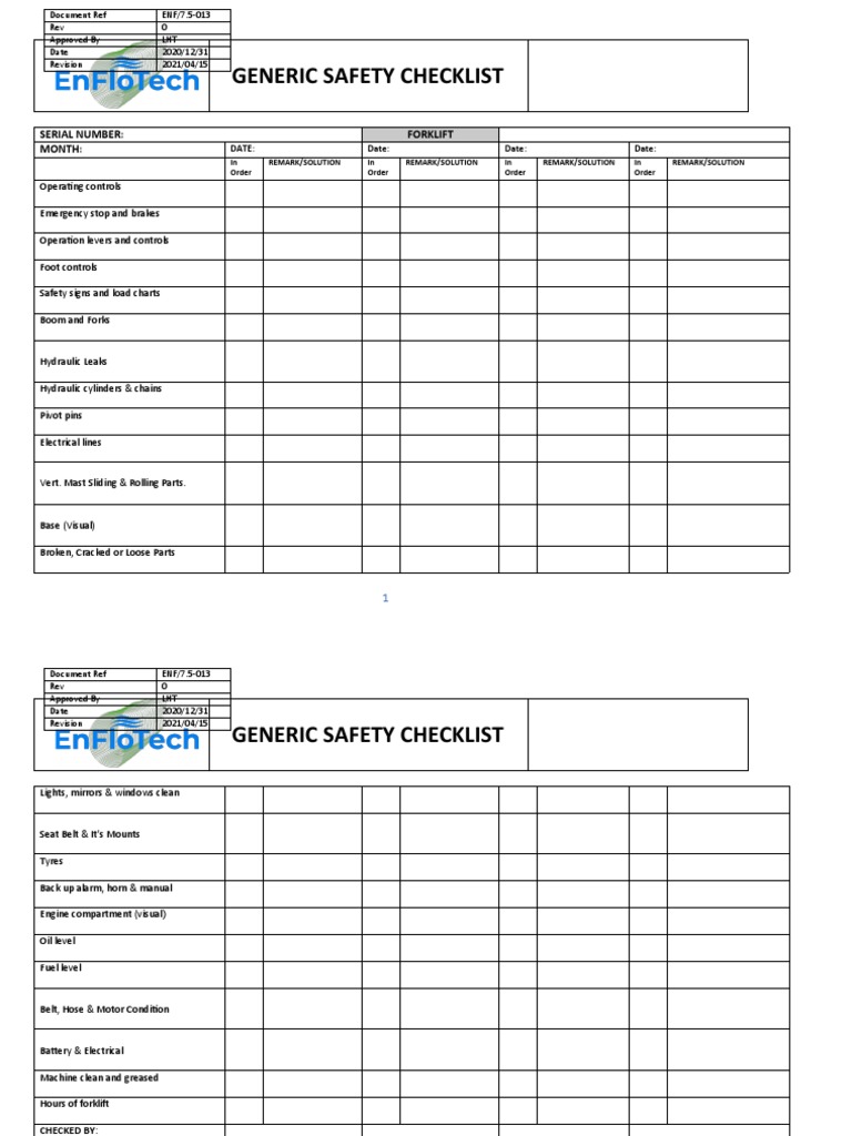 Generic Safety Checklist: Serial Number: Forklift Month | PDF