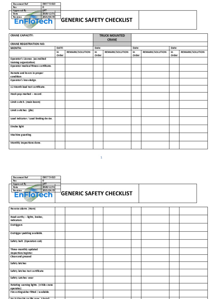 Generic Safety Checklist: Truck Mounted Crane | PDF | Crane (Machine ...