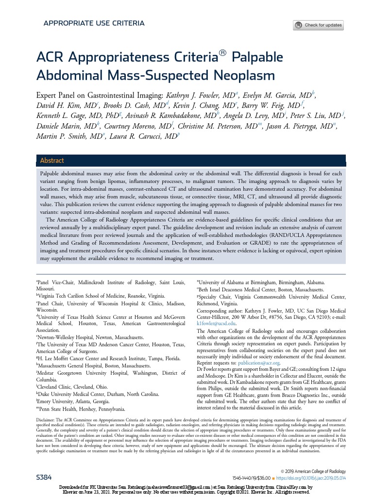 ACR Appropriateness Criteria Palpable Abdominal MassSuspected Neoplasm | PDF | Medical Imaging ...