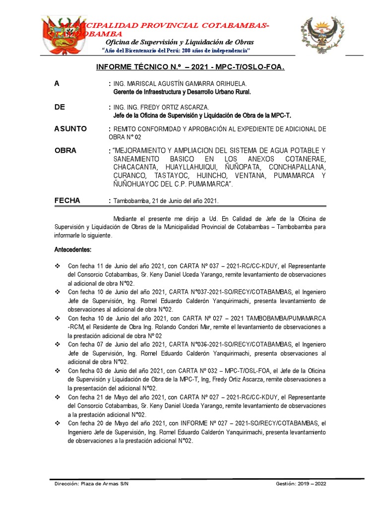 Informe Técnico (Aprobacion de Adicional de Obra) | PDF | Saneamiento | Suministro de agua
