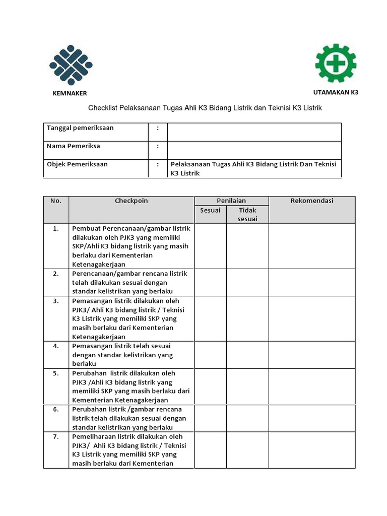 Checklist Pelaksanaan Tugas Ahli K3 Bidang Listrik | PDF Checklist Pelaksanaan Tugas Ahli K3 Bidang Listrik | PDF