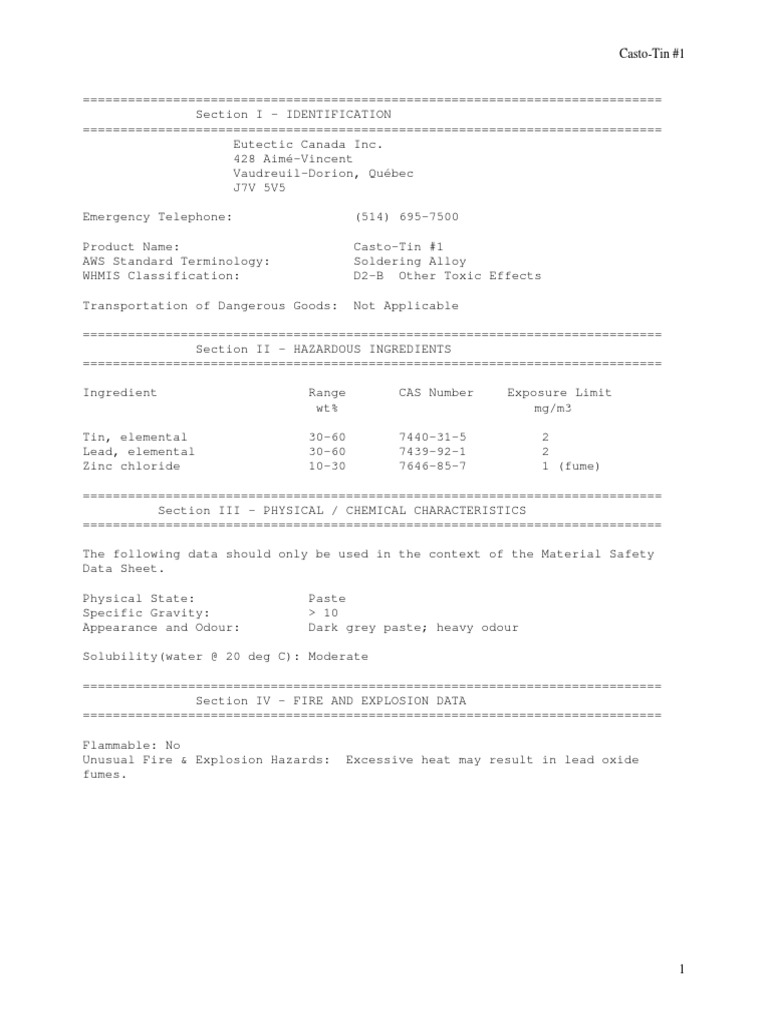 1 CastoTin | PDF | Lead | Dangerous Goods