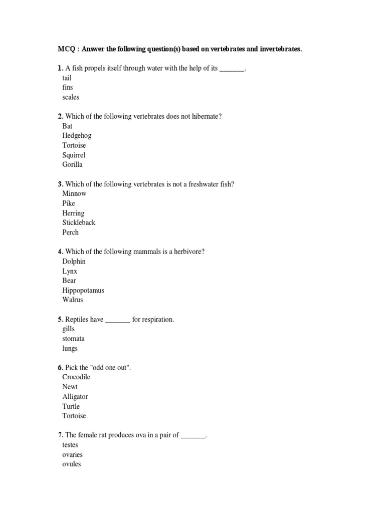 Vertebrates and Invertebrates Test 1 | PDF