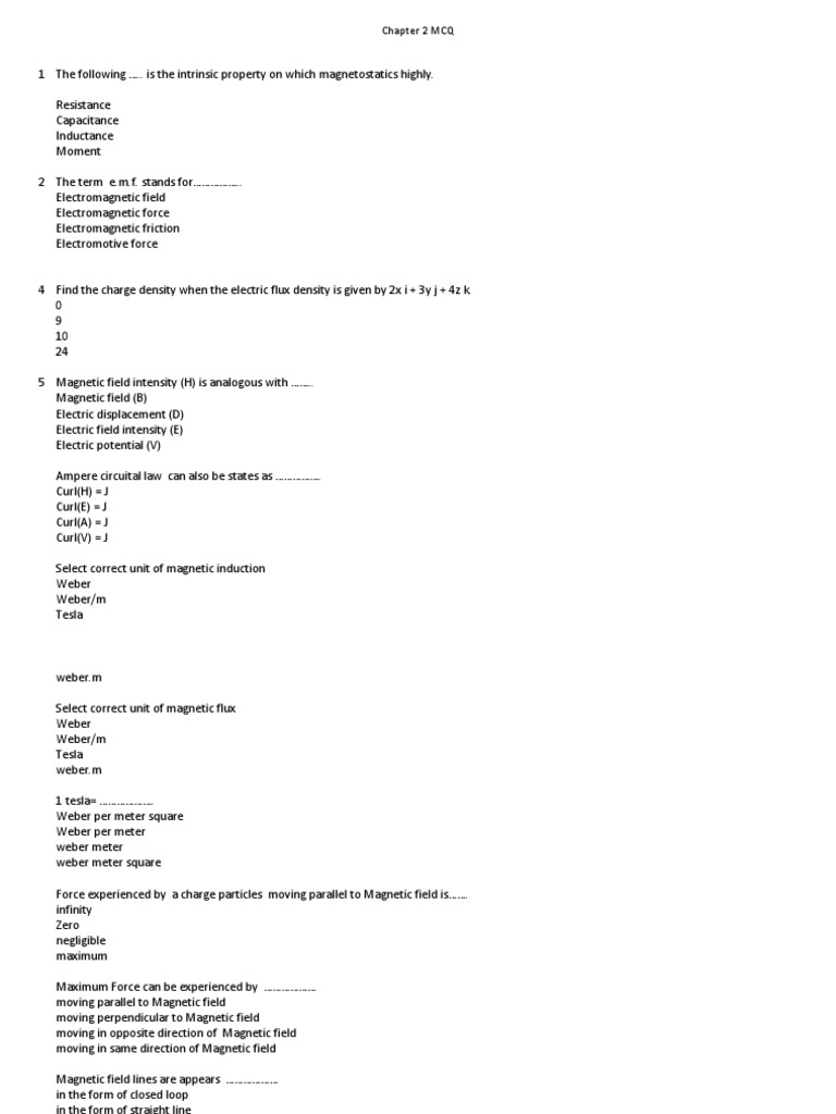Chapter 2 - ED MCQ With Answer Sheet Student | PDF | Magnetic Field ...