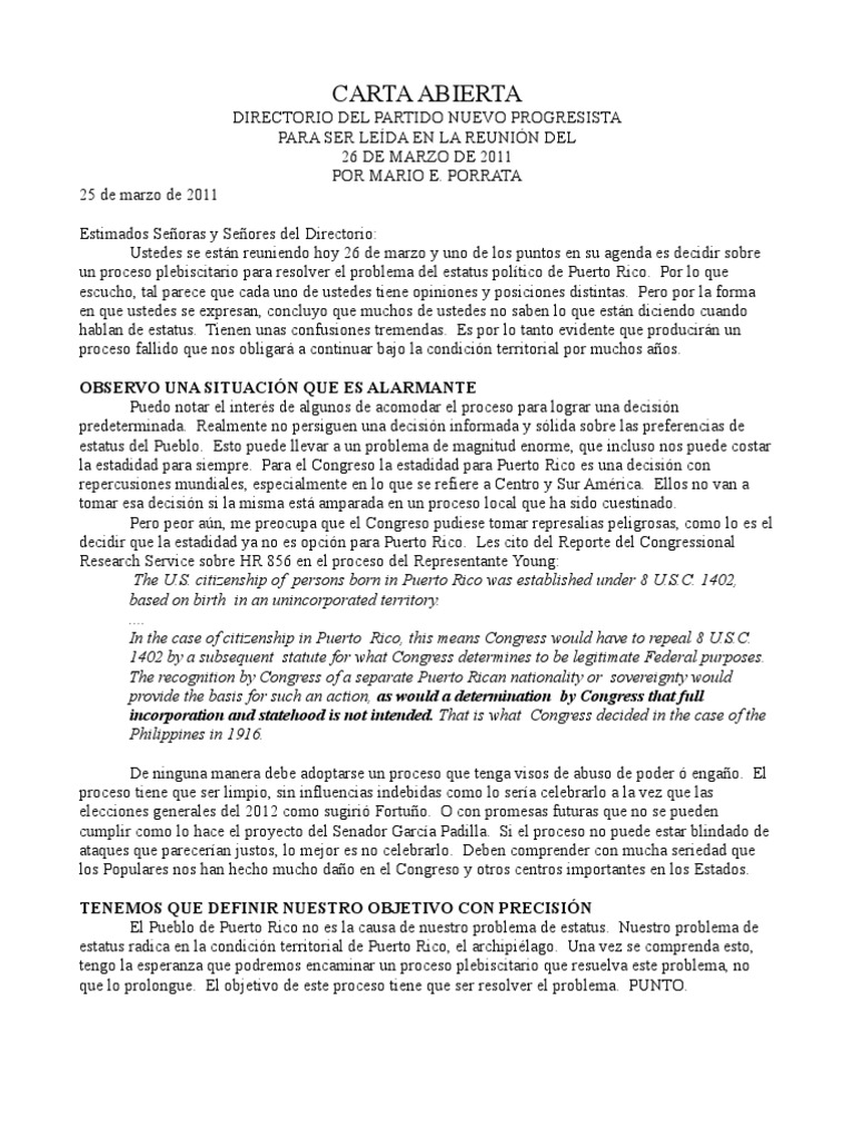 Carta Abierta de Mario Porrata Colon Al Directorio Del PNP (25-3-11 ...