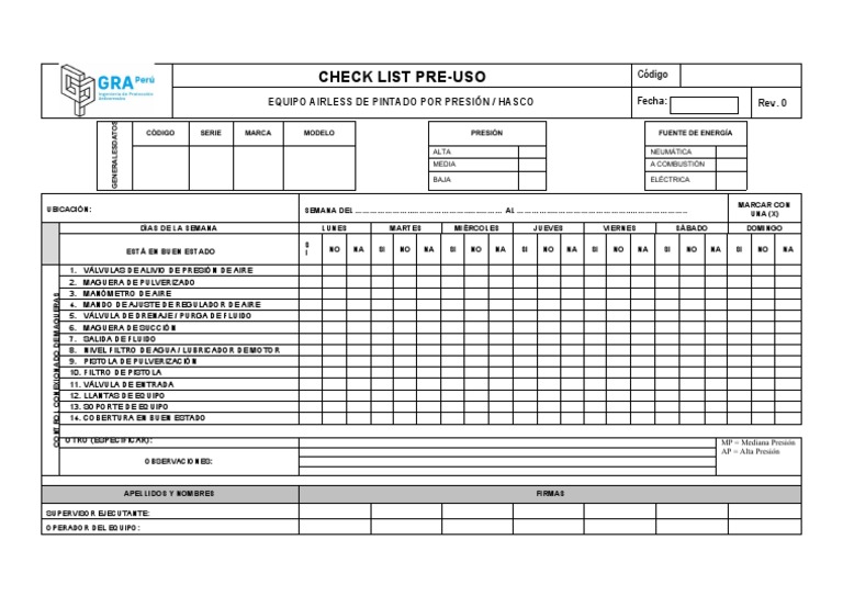 CHECK LIST Equipos Airless de Pintado Por Aspercion | PDF | Presión ...