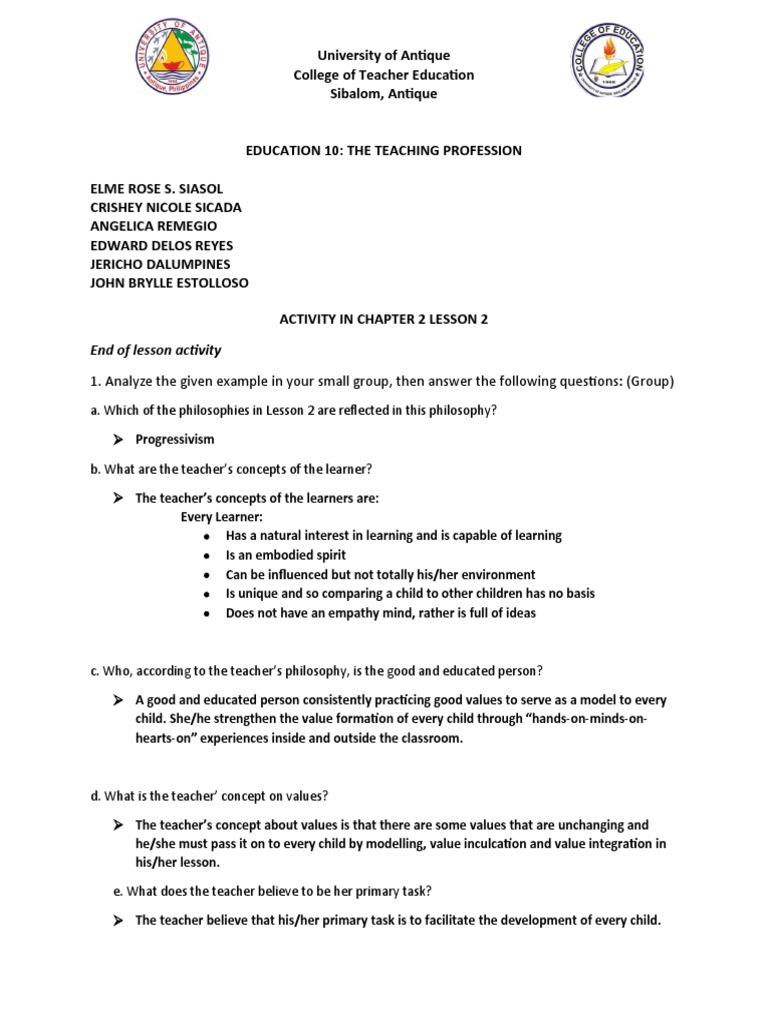 Activity in Chapter 2 Lesson 2 (Group5) | PDF | Teacher Education | Philosophy Of Education
