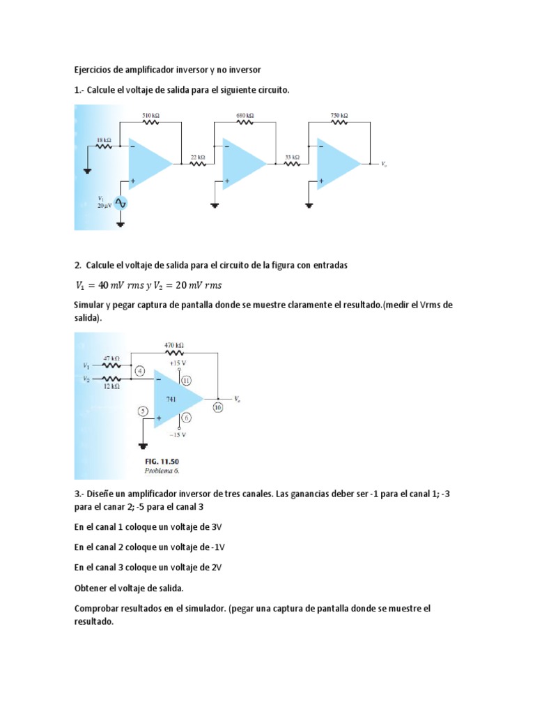 Ejercicios de Amplificador Inversor y No Inversor | PDF