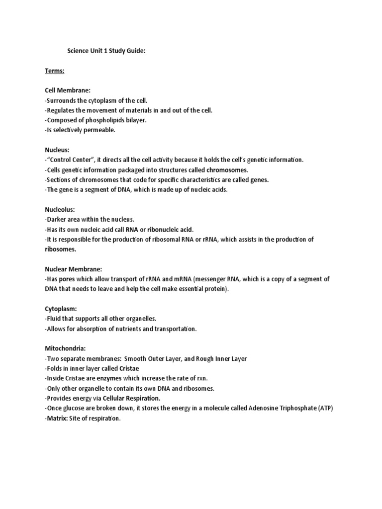 Biology Unit 1 Study Guide | PDF | Cell (Biology) | Endoplasmic Reticulum