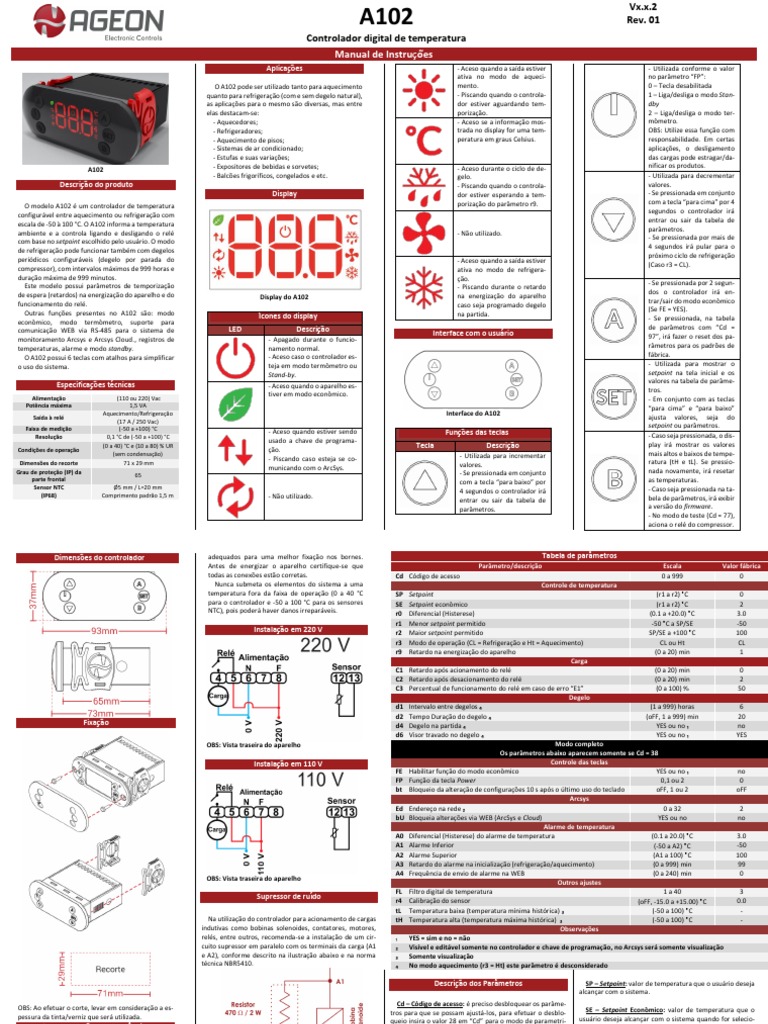 Manual do Controlador A102 Ageon | PDF | Temperatura | Relé