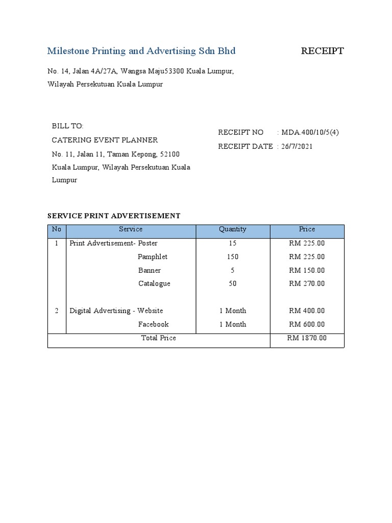 Milestone Printing and Advertising SDN BHD: Receipt | PDF