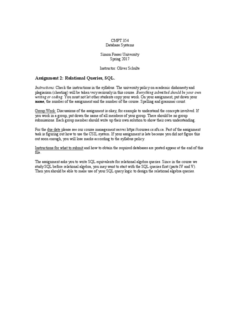 Assignment 2 Relational Queries Sql Pdf Relational Model