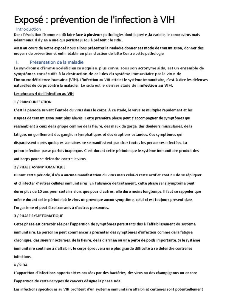 Exposé: Prévention de L'infection À VIH | Descargar gratis PDF | SIDA | VIH