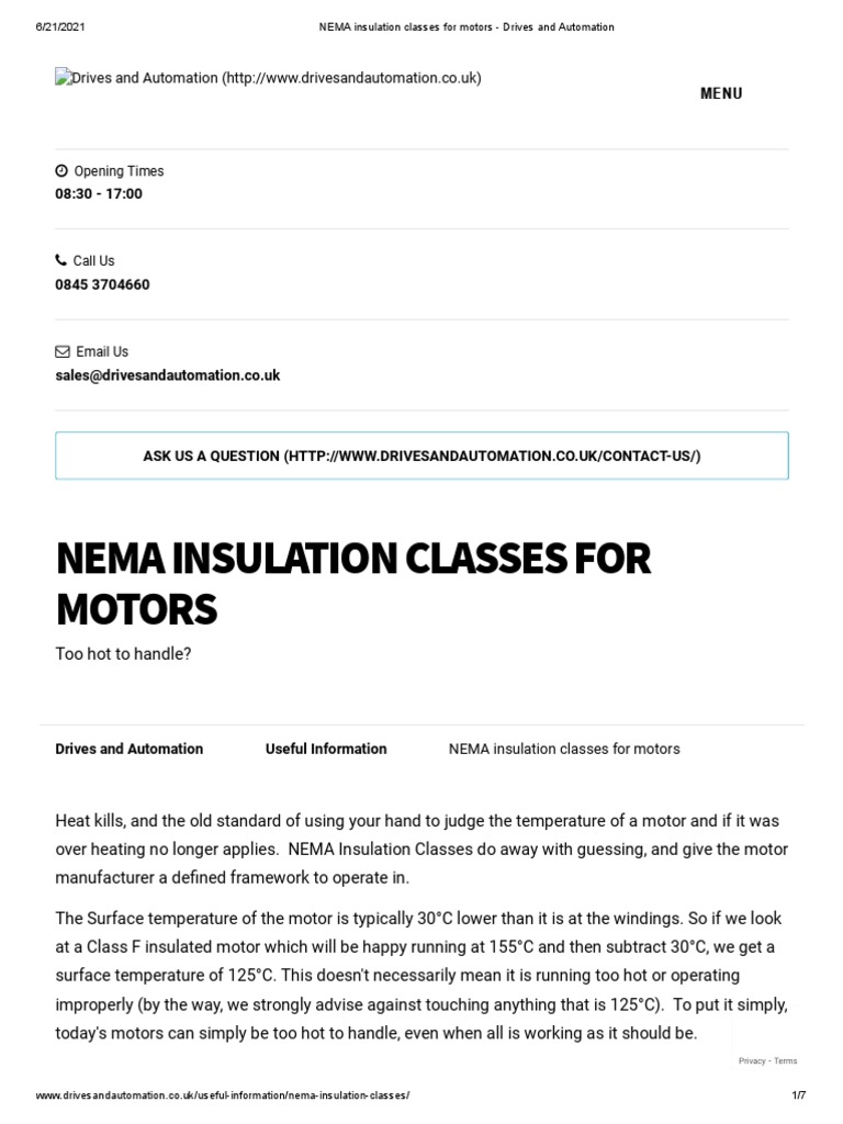 NEMA Insulation Classes For Motors - Drives and Automation | PDF ...