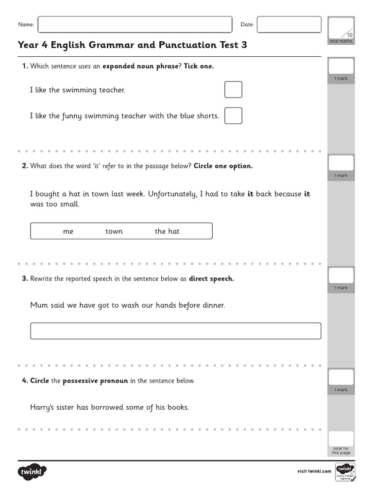 Year 4 English Grammar and Punctuation Test 3 | Download Free PDF ...