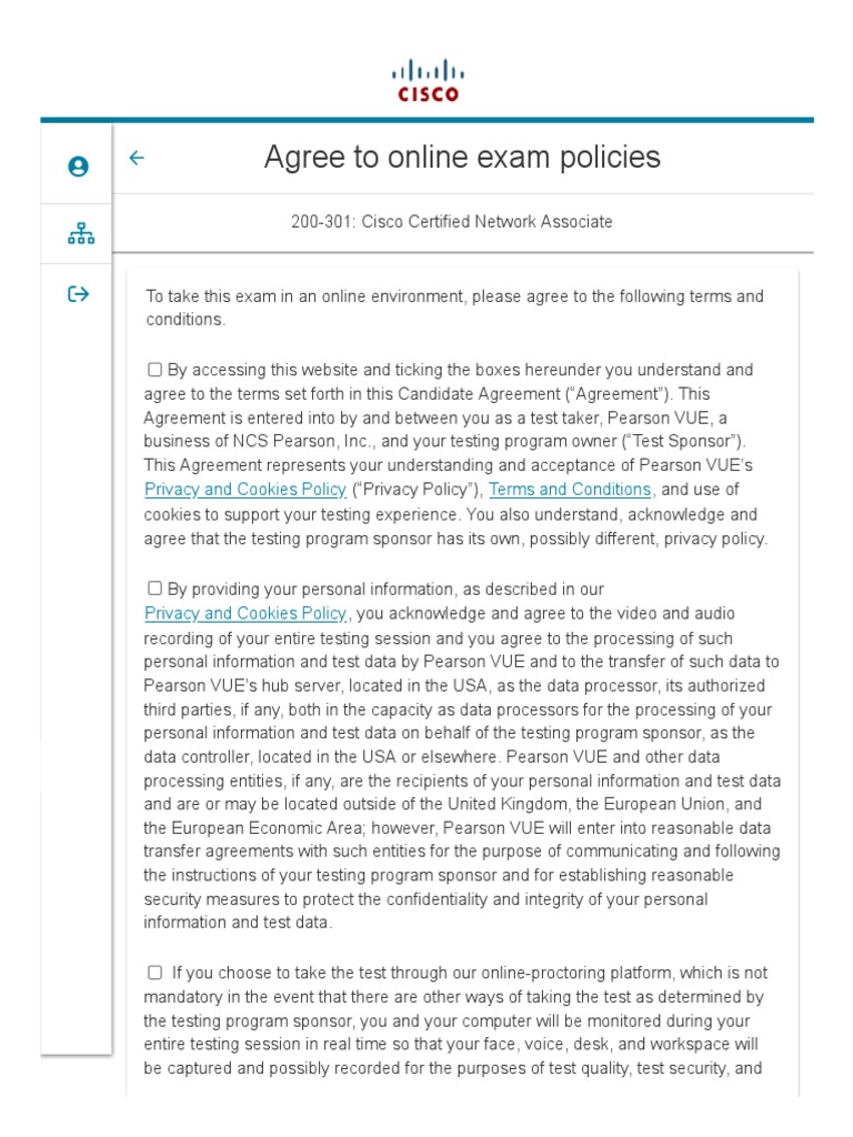 Pearson VUE - Agree To Online Exam Policies | PDF | Http Cookie | Privacy