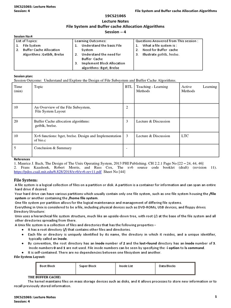 19CS2106S Lecture Notes File System and Buffer Cache Allocation ...