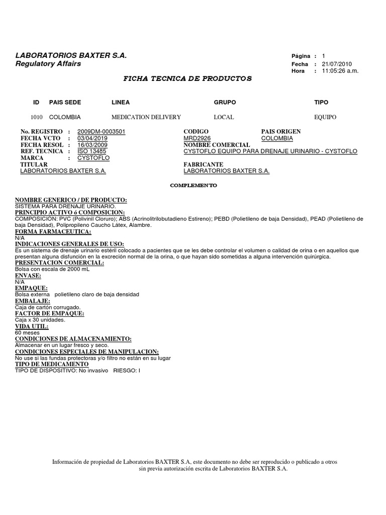 Equipo para Drenaje Urinario Adulto Cystoflo Baxter | PDF | Médico de ...