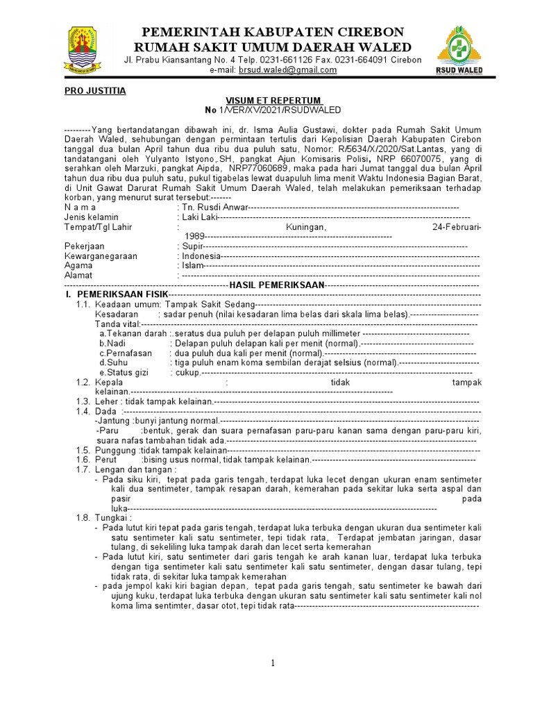 Visum RSUD Waled: Pemeriksaan Korban Kecelakaan | PDF