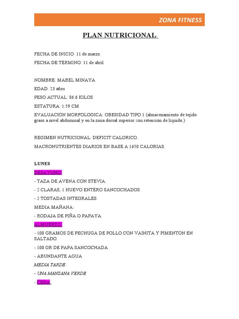 Plan Nutricional Deficit Calorico - Mabel Minaya | PDF | Comida y ...